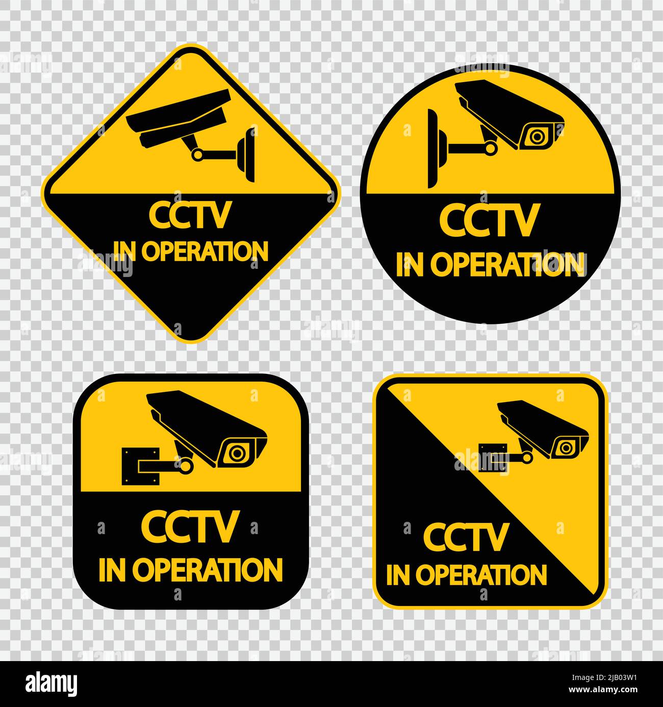 Set CCTV Camera label.Black Video surveillance sign on transparent ...