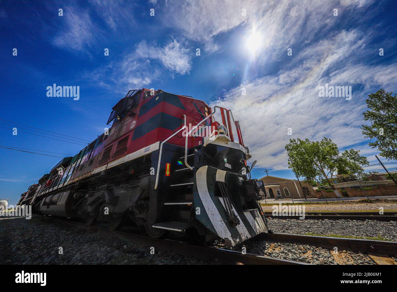 Train on the tracks in the town of Esqueda, Mexico. Pueblo Esqueda in ...
