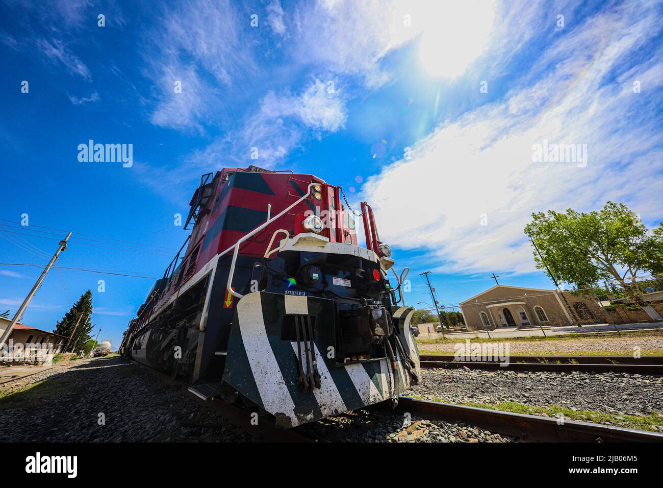 Train on the tracks in the town of Esqueda, Mexico. Pueblo Esqueda in ...