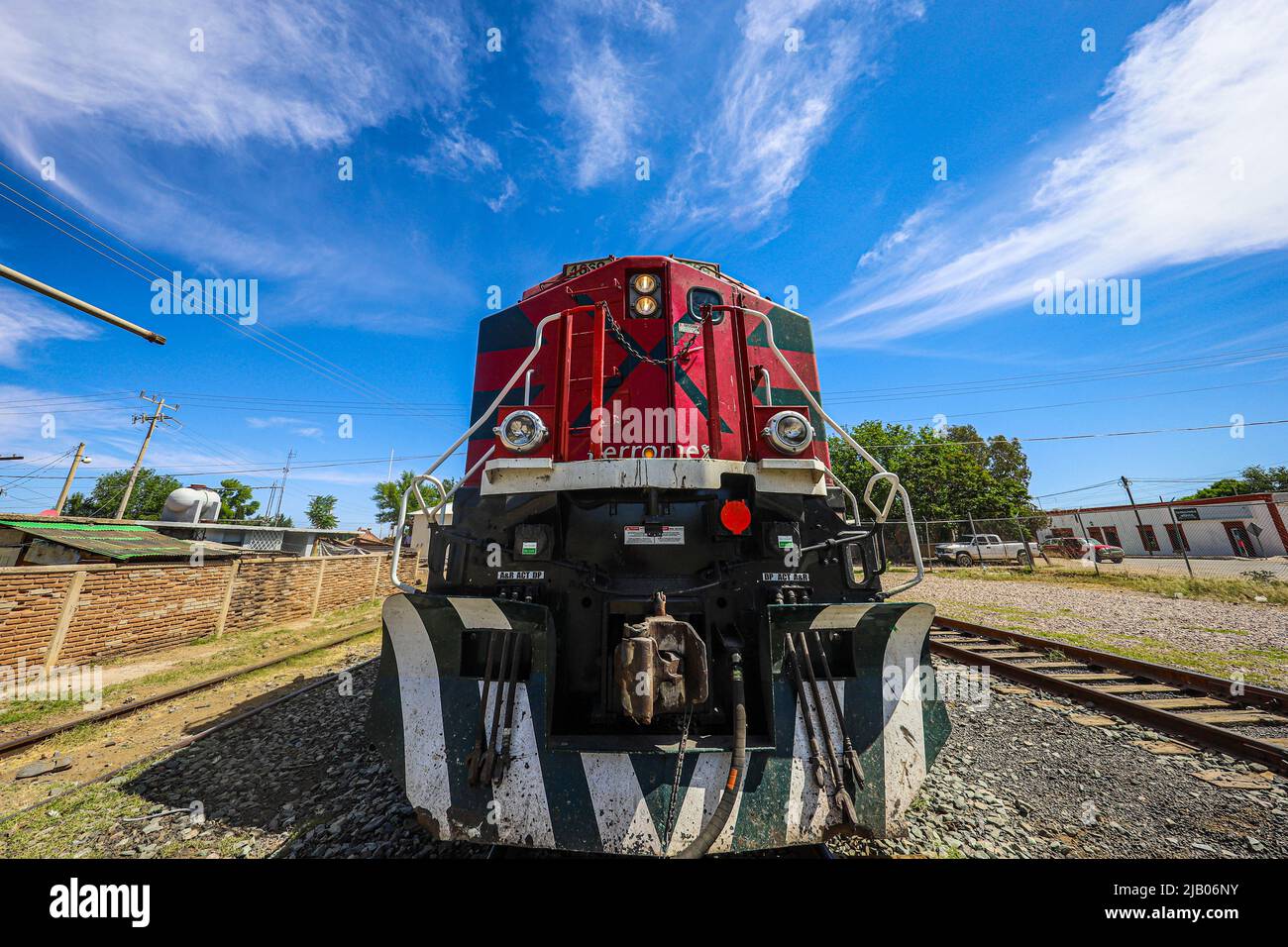 Train on the tracks in the town of Esqueda, Mexico. Pueblo Esqueda in ...