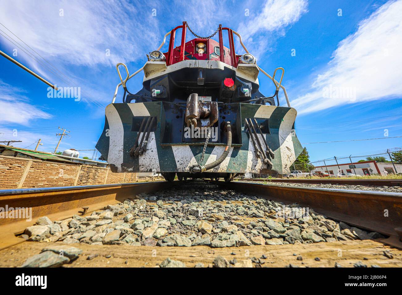 Train on the tracks in the town of Esqueda, Mexico. Pueblo Esqueda in ...