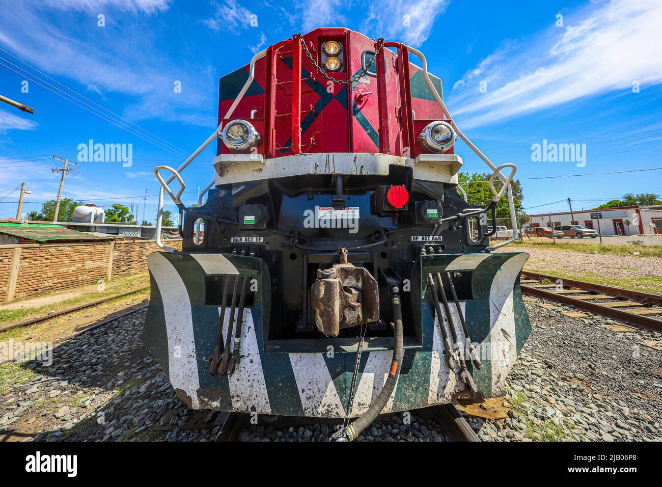 Train on the tracks in the town of Esqueda, Mexico. Pueblo Esqueda in ...