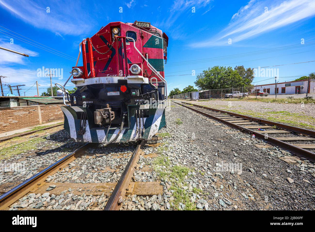 Train on the tracks in the town of Esqueda, Mexico. Pueblo Esqueda in ...