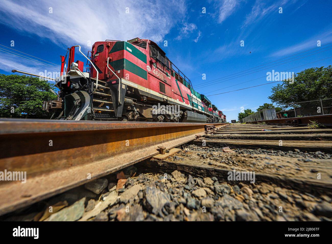 Train on the tracks in the town of Esqueda, Mexico. Pueblo Esqueda in ...