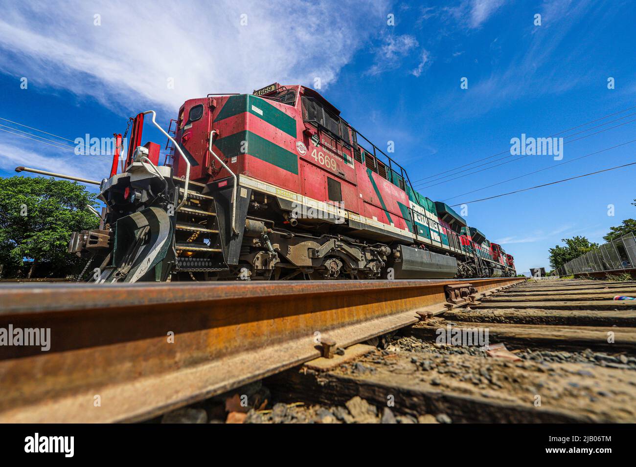 Train on the tracks in the town of Esqueda, Mexico. Pueblo Esqueda in ...