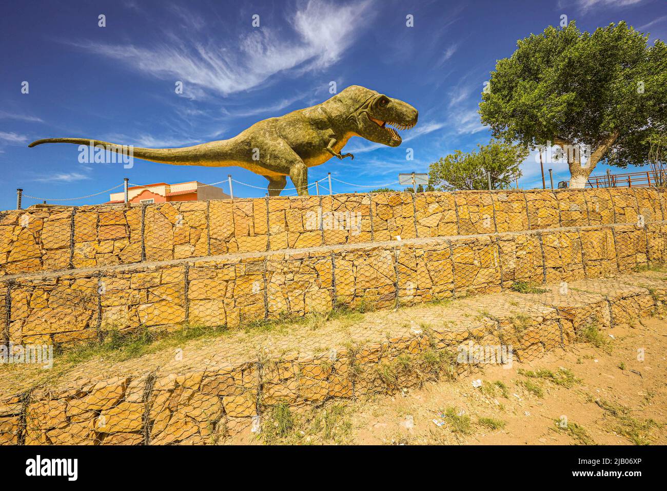 A Tyrannosaurus rex dinosaur sculpture in Esqueda, Mexico. Pueblo ...