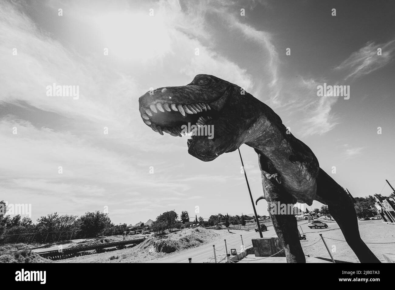 A Tyrannosaurus rex dinosaur sculpture in Esqueda, Mexico. Pueblo ...