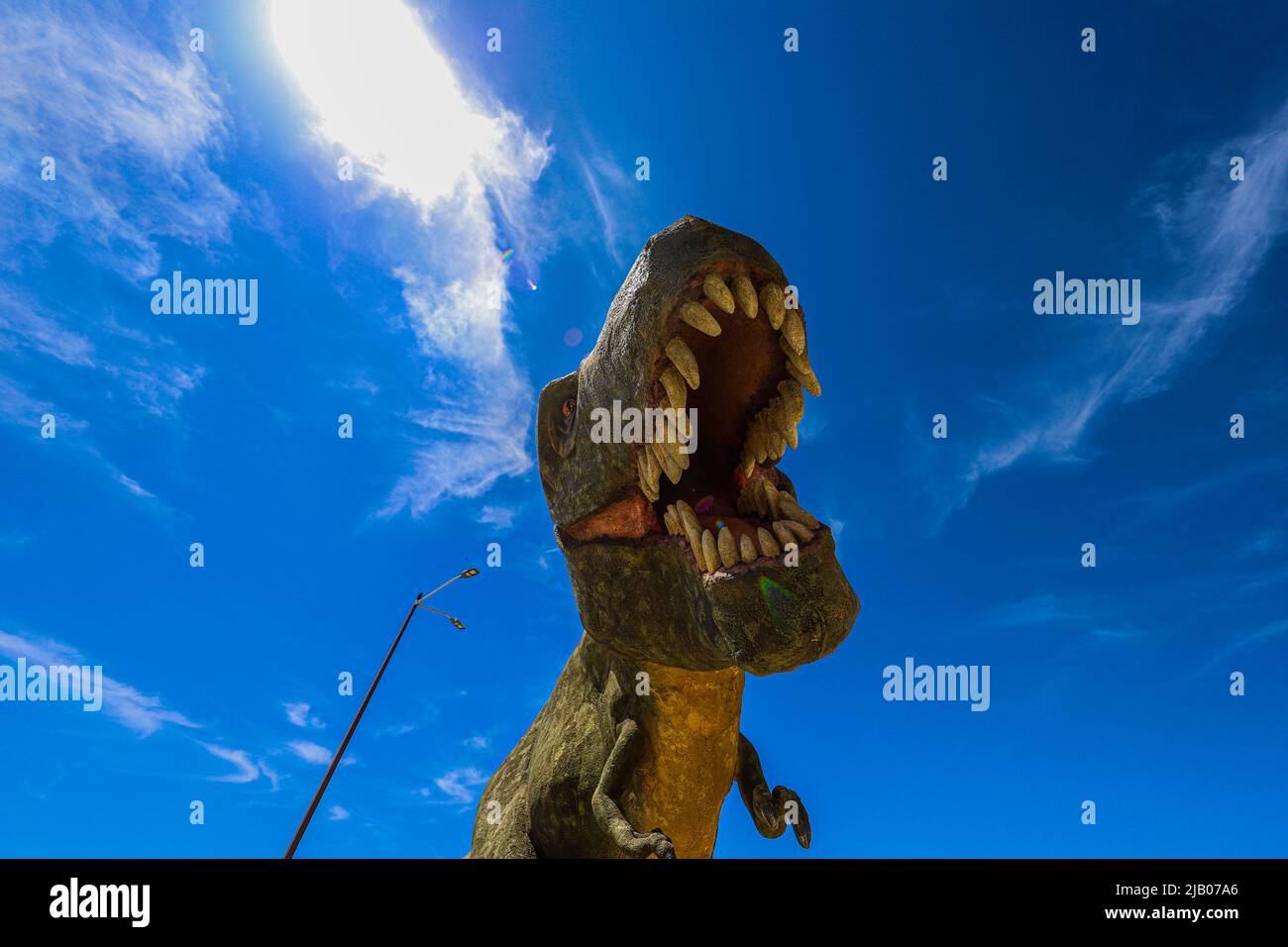 A Tyrannosaurus rex dinosaur sculpture in Esqueda, Mexico. Pueblo ...