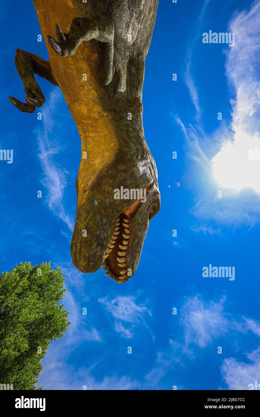 A Tyrannosaurus rex dinosaur sculpture in Esqueda, Mexico. Pueblo ...