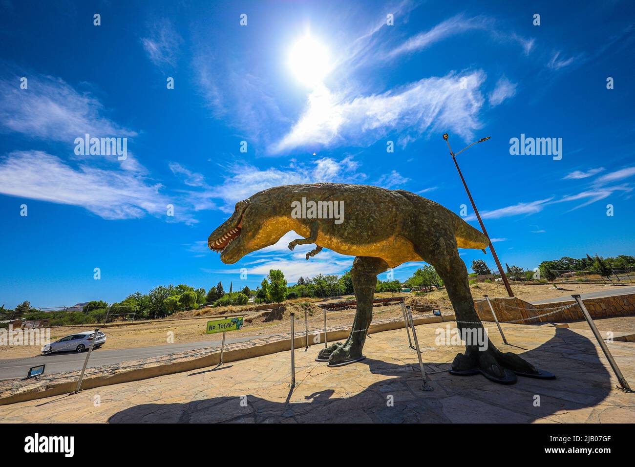 A Tyrannosaurus rex dinosaur sculpture in Esqueda, Mexico. Pueblo ...