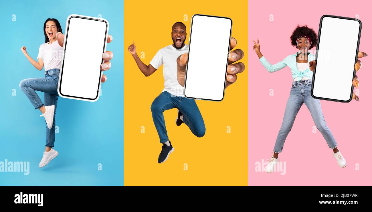 Excited multinational millennials jumping with cell phones, mockup ...
