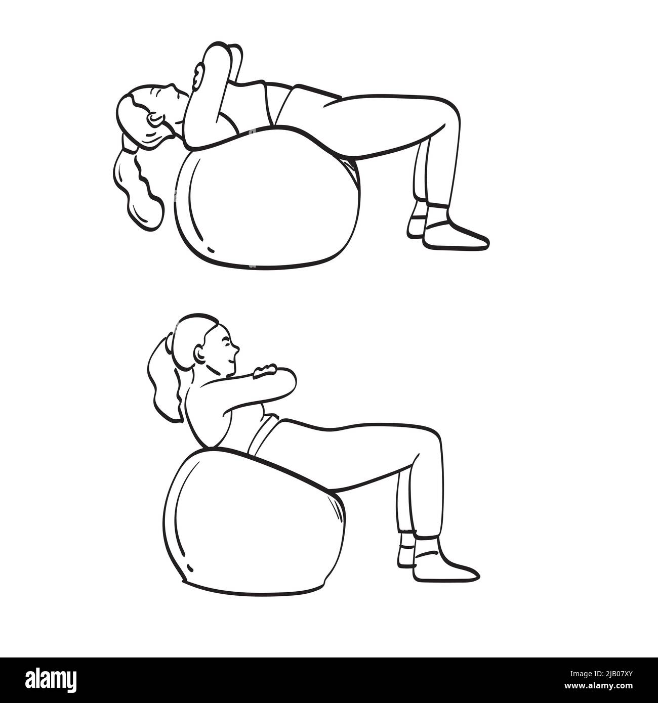 smiling woman flexing abdominal muscles with exercise ball illustration ...