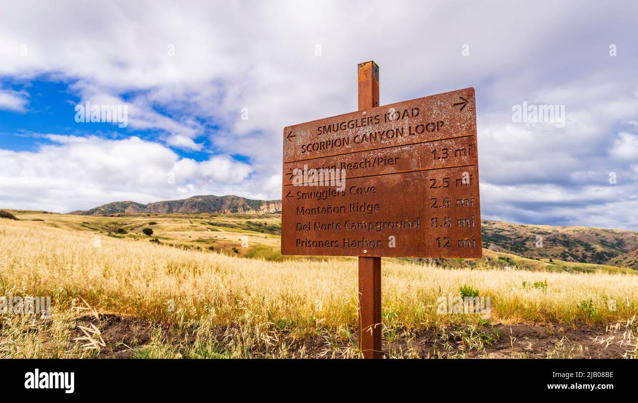 Trail sign on the Smugglers Cove Trail under Montanon Ridge, Santa Cruz ...