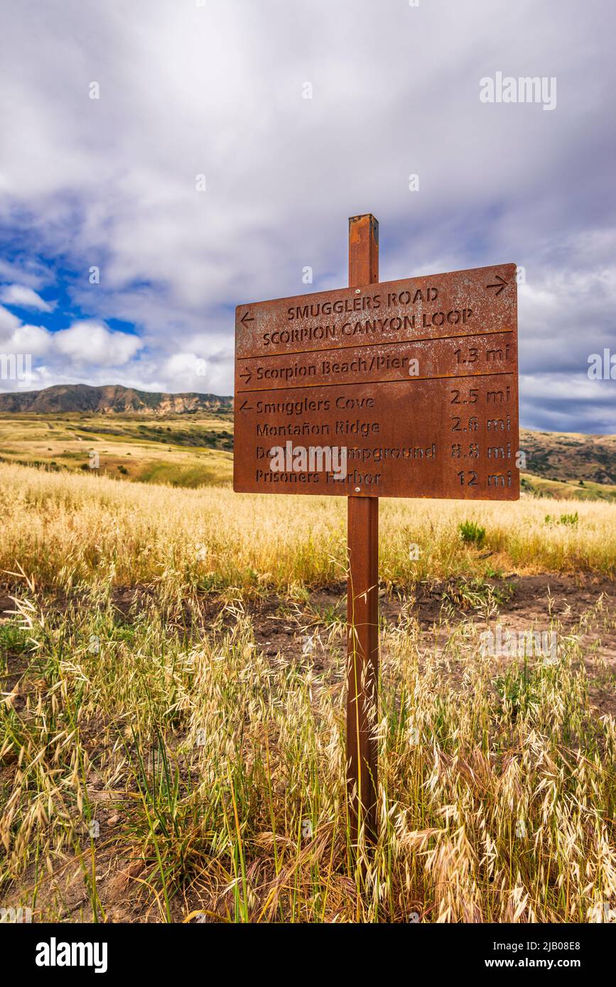 Trail sign on the Smugglers Cove Trail under Montanon Ridge, Santa Cruz ...