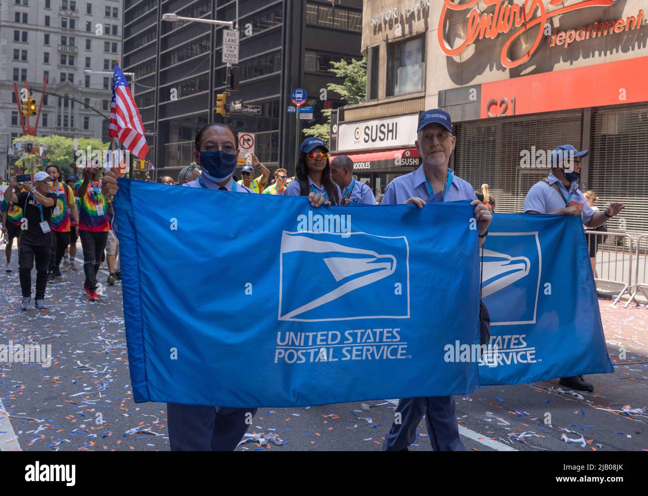 NEW YORK, N.Y. – July 7, 2021: United States Postal Service workers ...