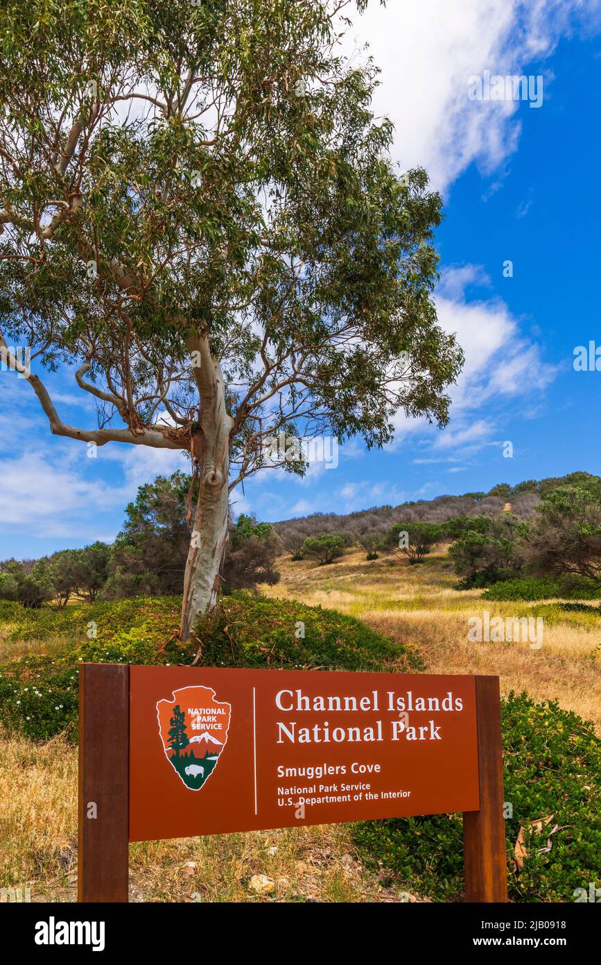 National Park sign at Smugglers Cove, Santa Cruz Island, Channel ...