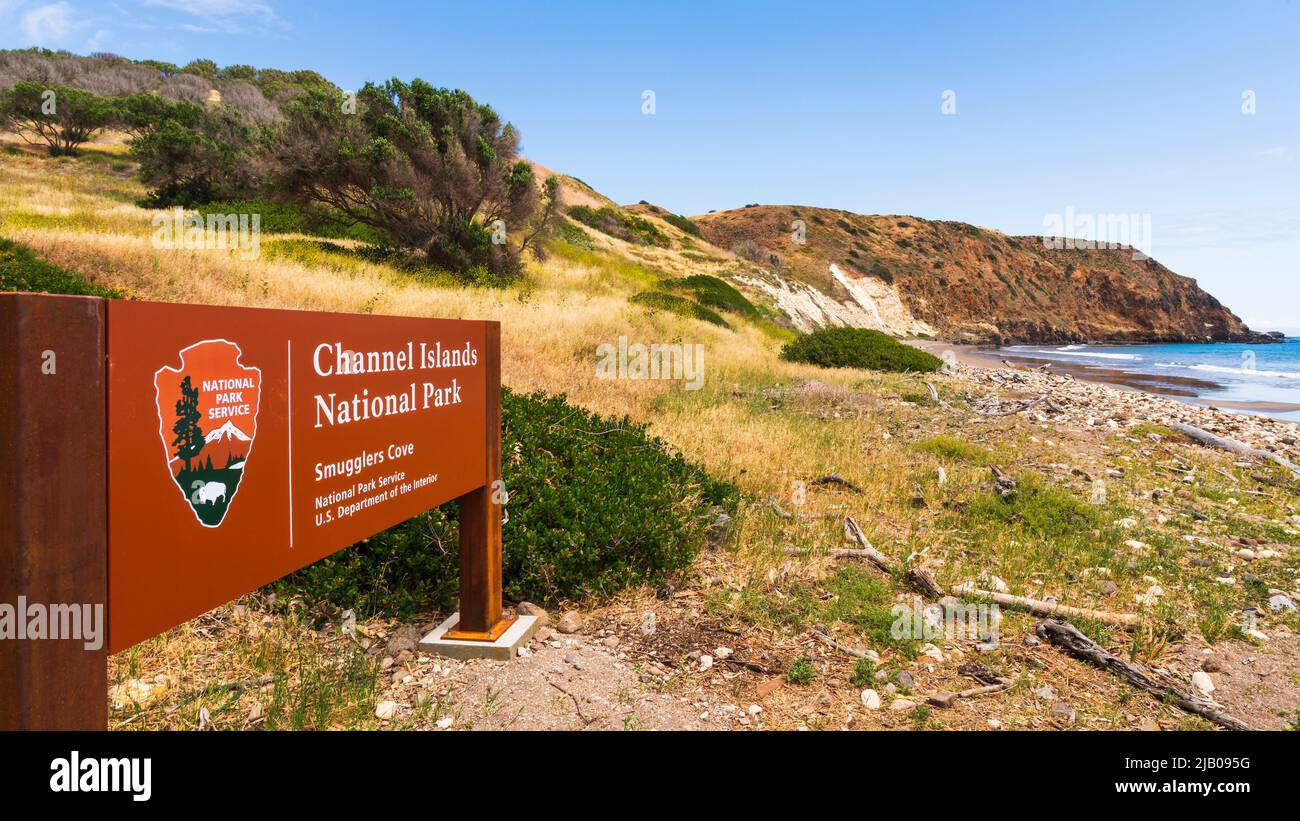 National Park sign at Smugglers Cove, Santa Cruz Island, Channel ...