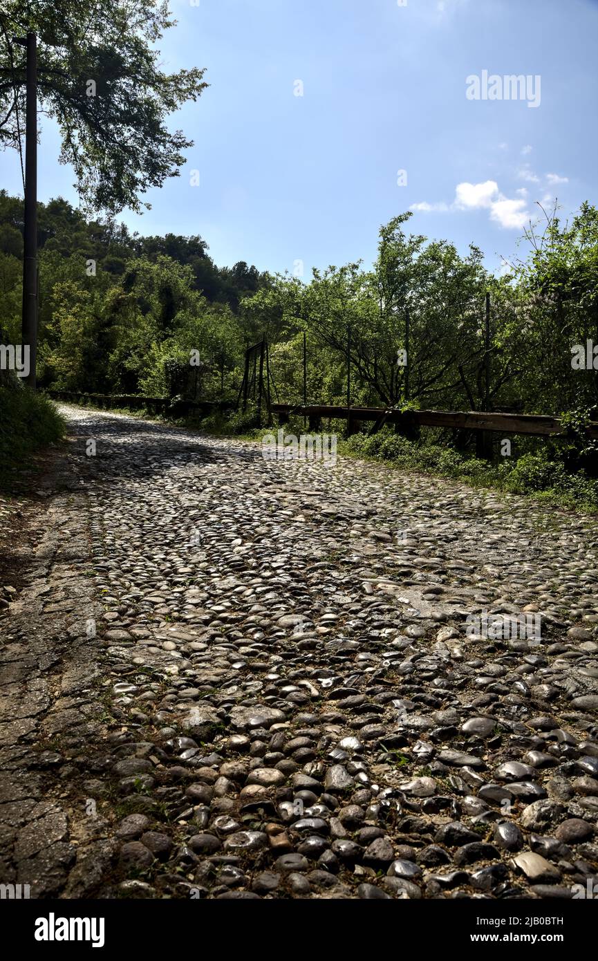 Uphill paved road in a forest with a clear sky with clouds clearly ...