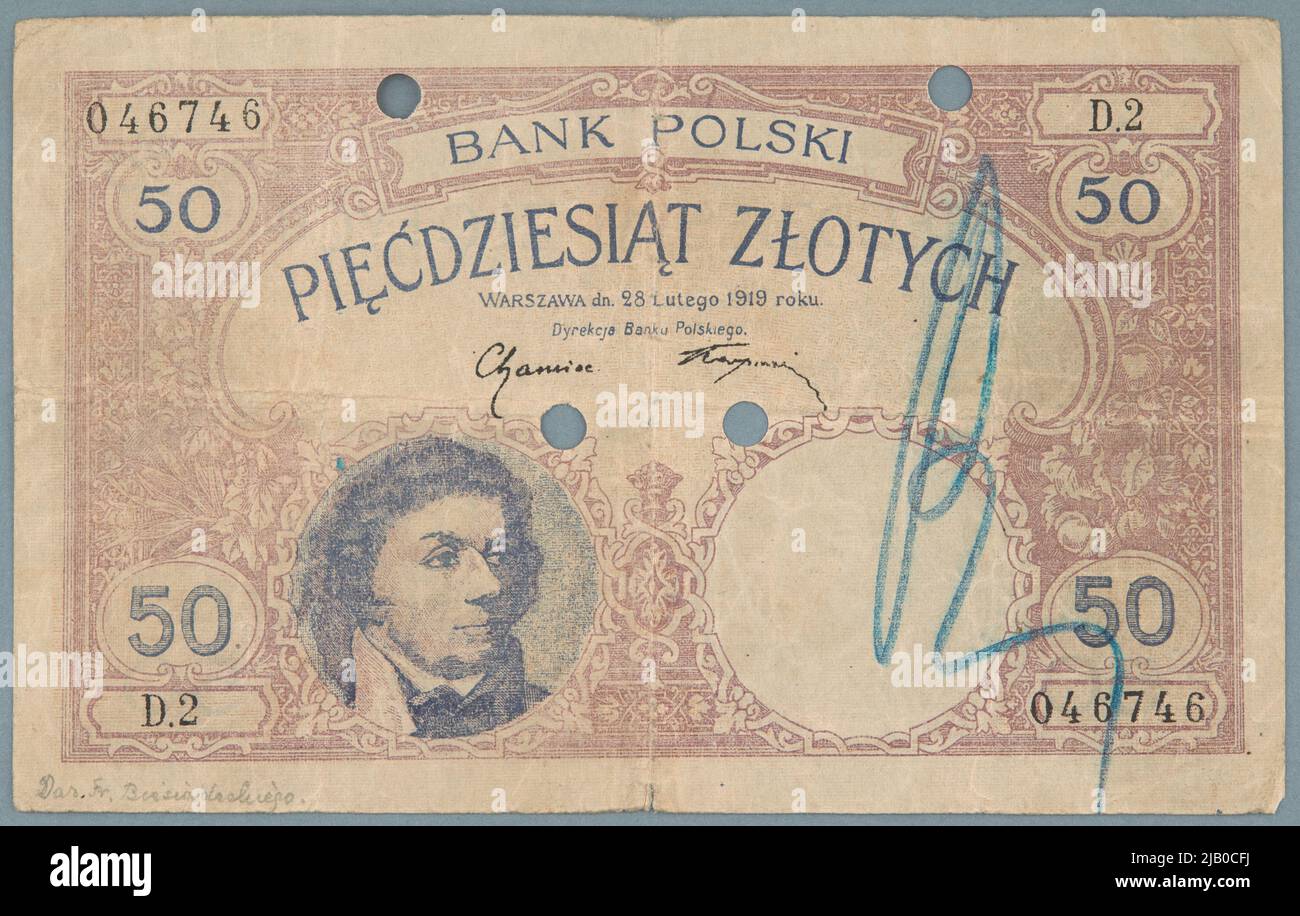 Banknote for PLN 50, Polish Republic (1918–1919), Bank Polski, 28.02. ...