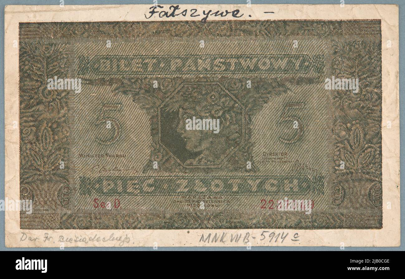 State ticket for PLN 5, Ministry of Treasury, 25.10.1926 (counterfeit ...