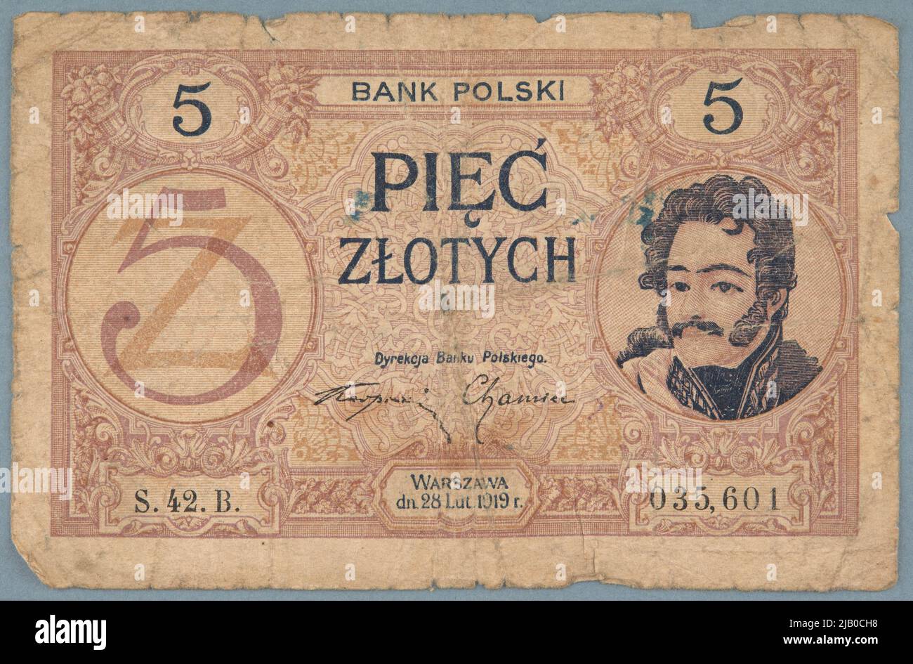 Banknote for 5 Zlotysz, Polish Republic (1918–1919), Bank Polski, 28.02.1919 (1924) Bank of ...