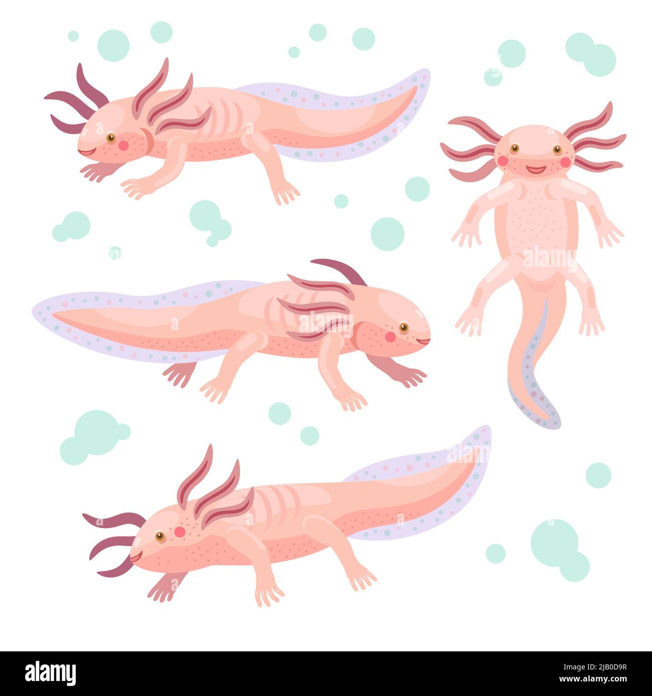 Set of cute joy cartoon pink axolotl in various positions Stock Vector ...