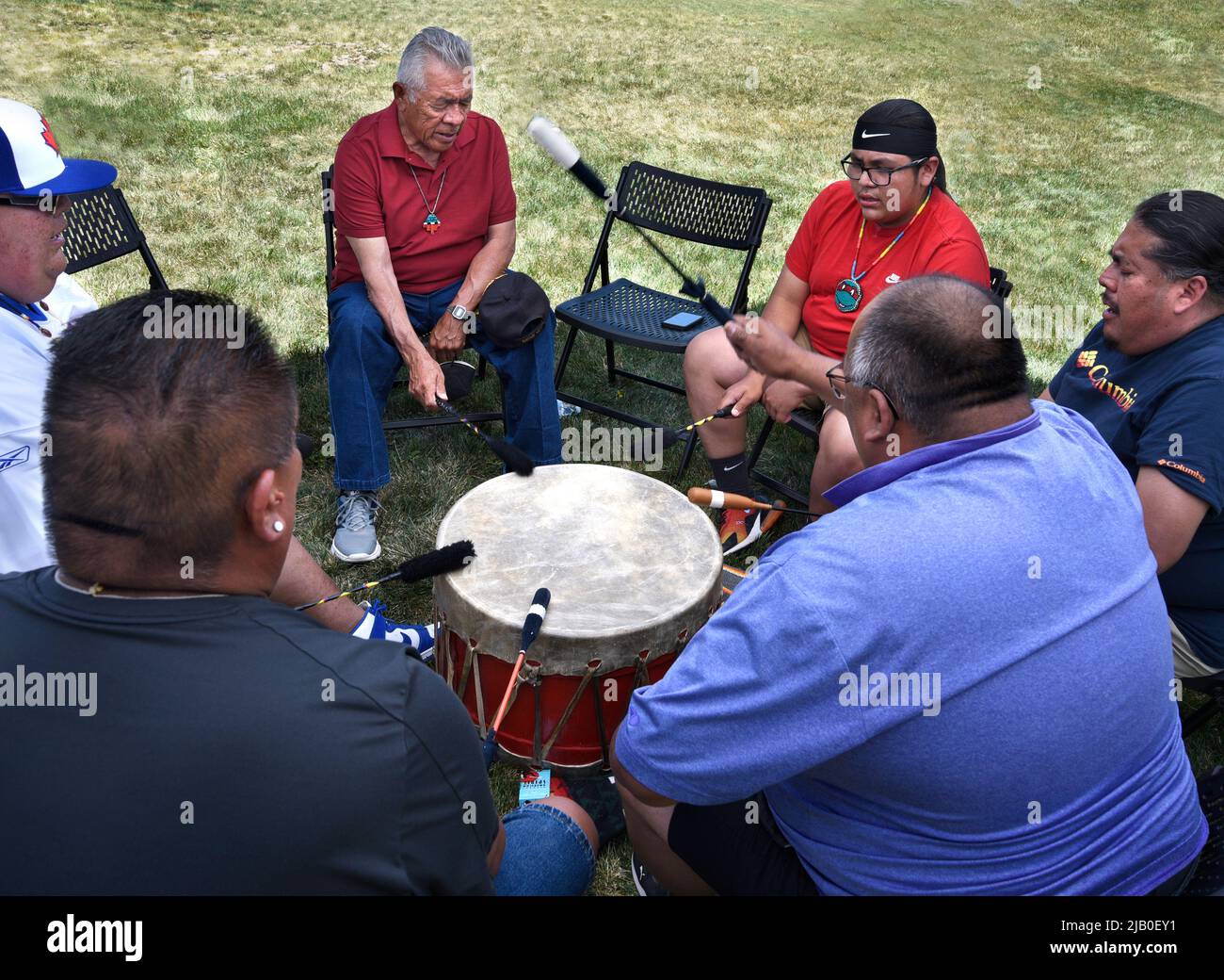 A Native American drum team perform at a graduation pow wow at the ...
