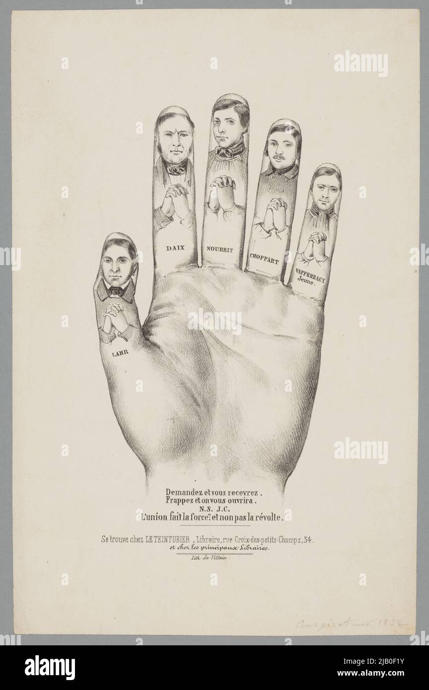 Satirical drawing: hand with portraits of the characters placed on ...