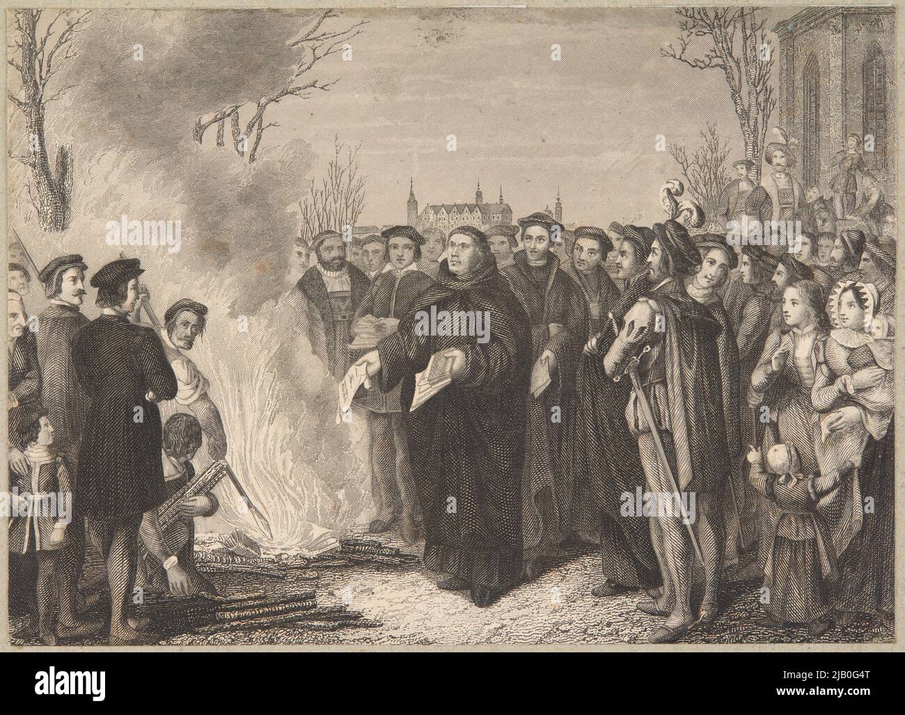 Historical scene from the revival period burning books at the stake ...