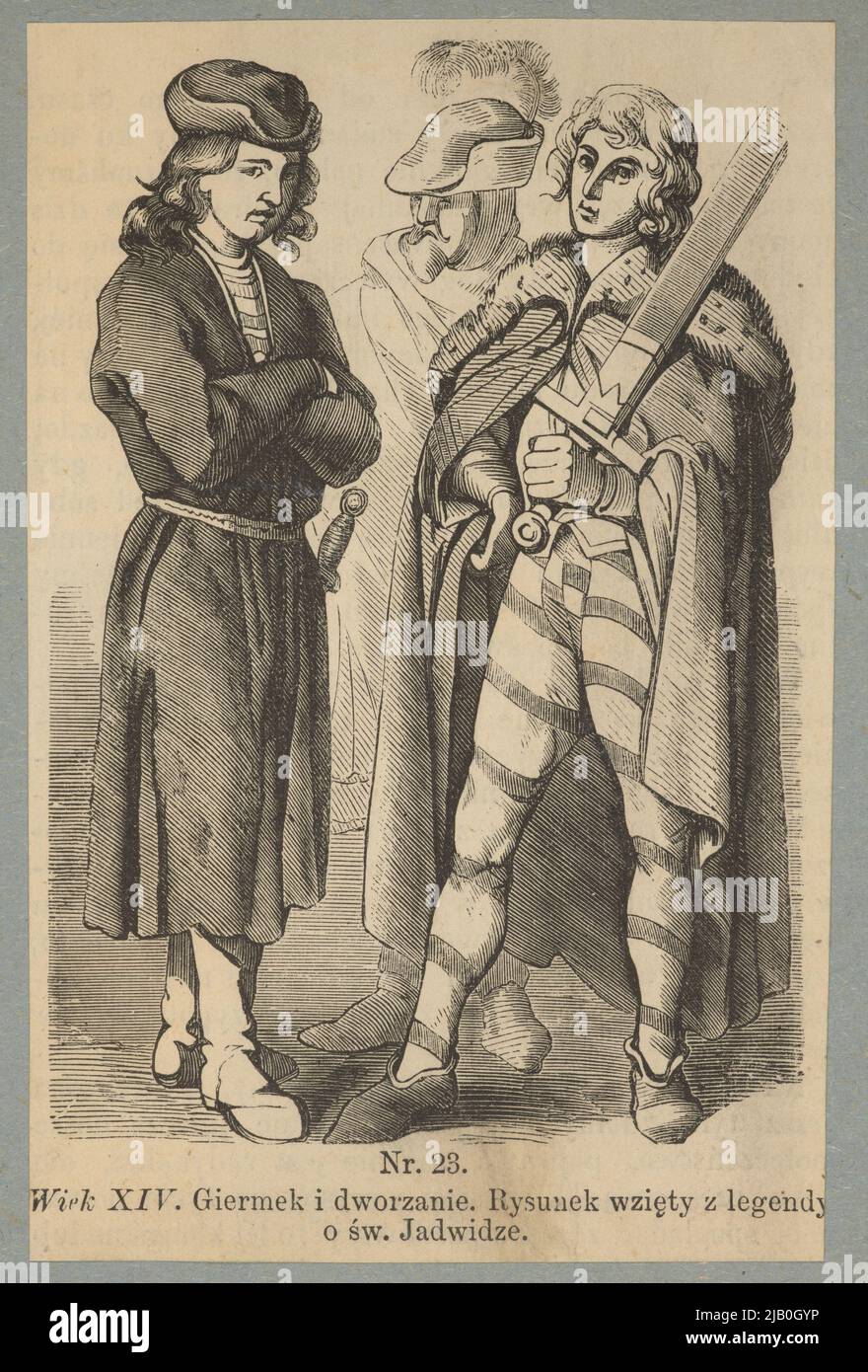 14th century. Square and courtiers. Drawing taken from the legend of St ...