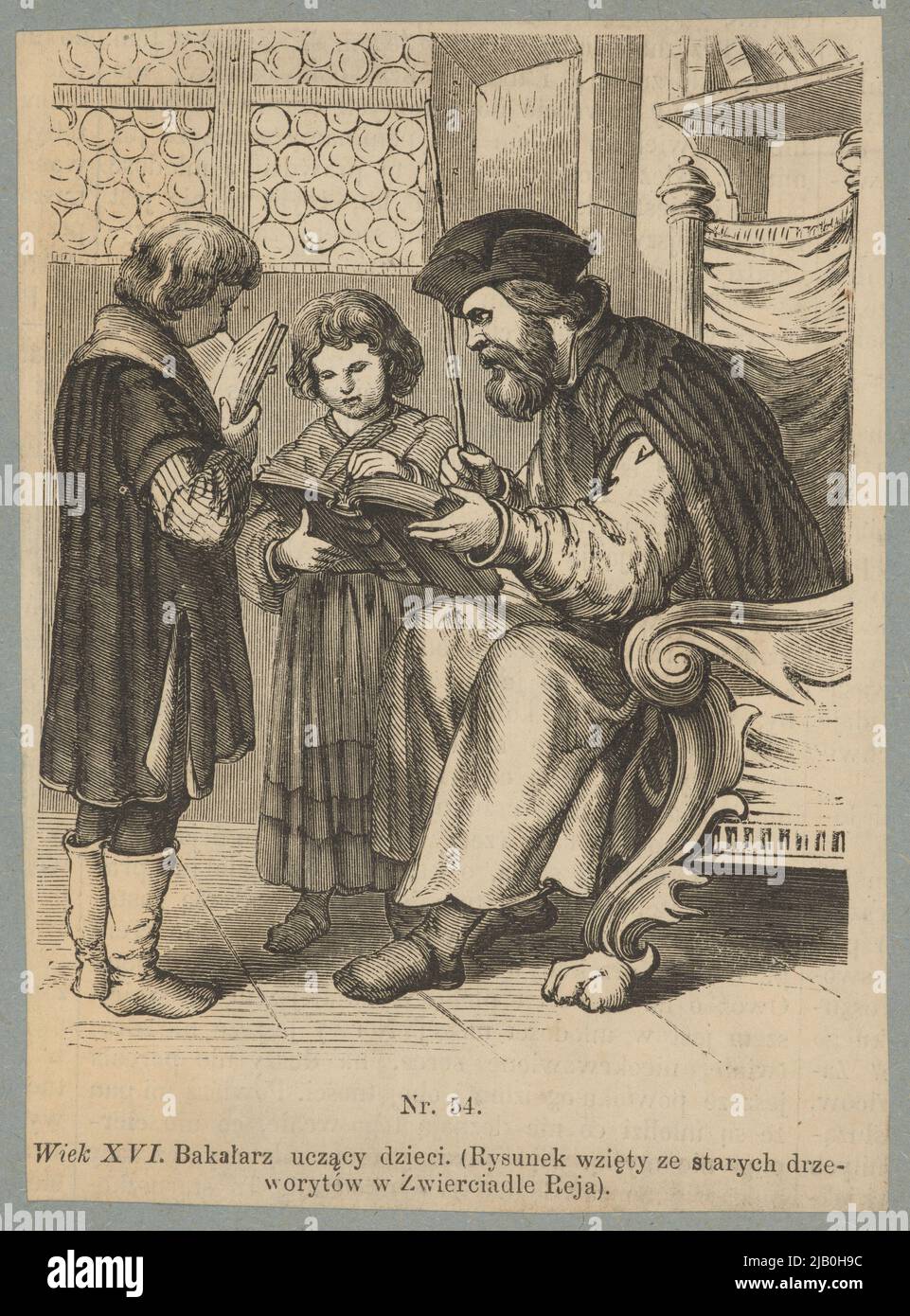 The 16th century. A bachelor teaching children. (Drawing taken from old ...