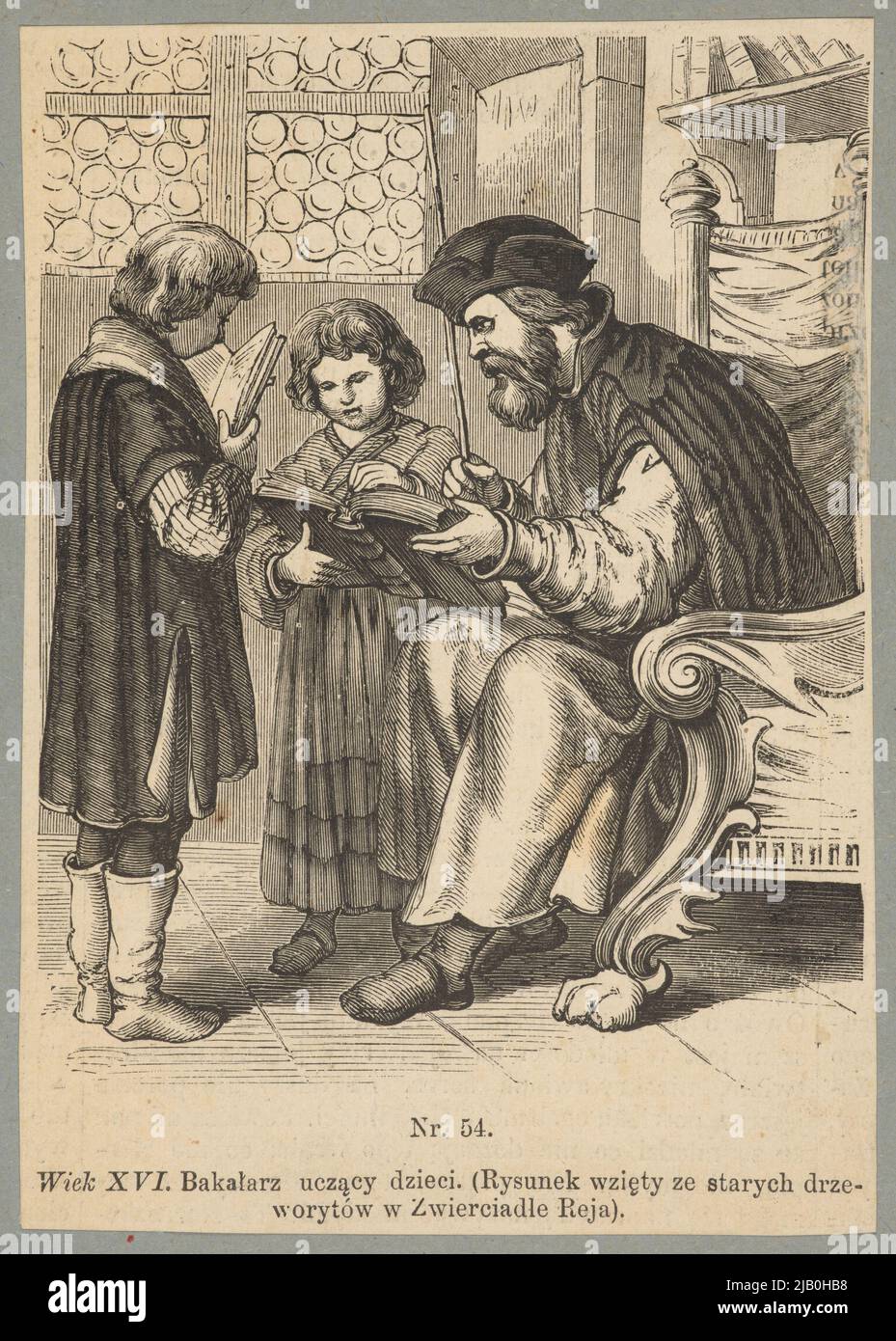The 16th century. A bachelor teaching children. (Drawing taken from old ...