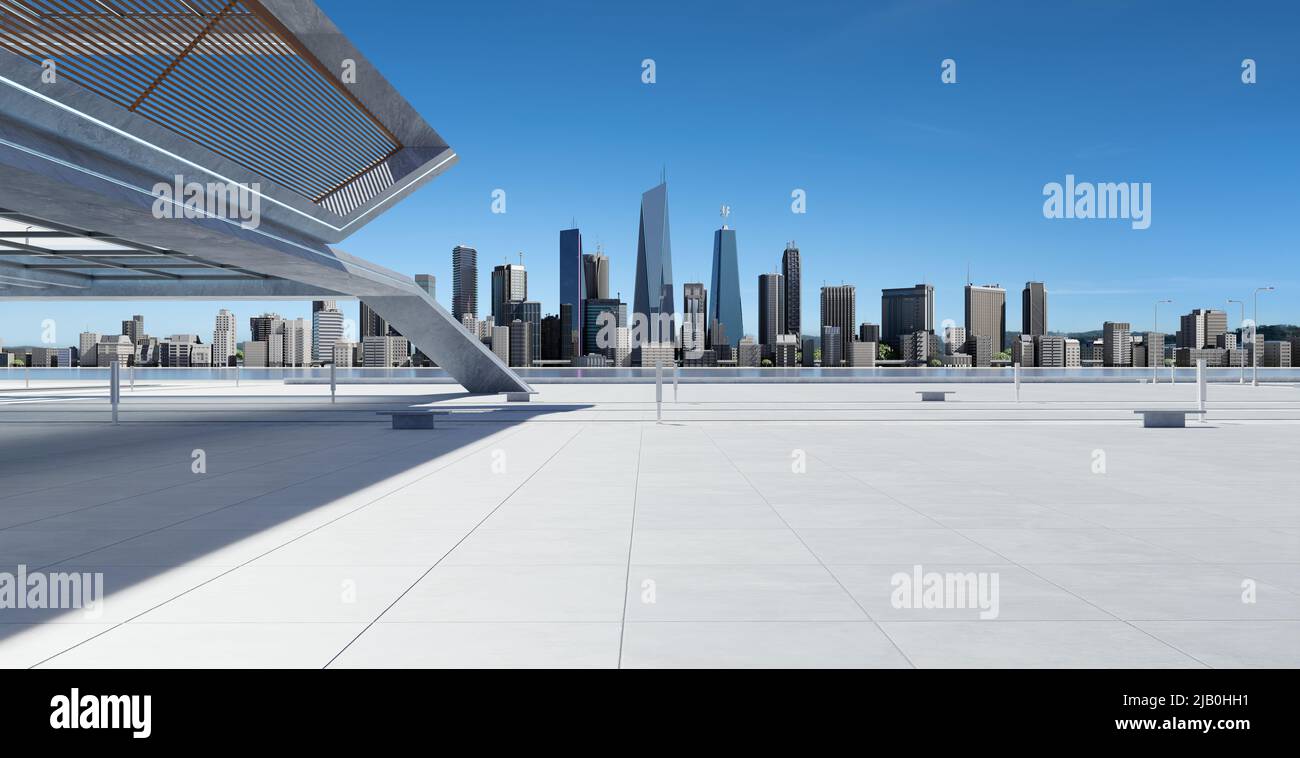 Perspective view of empty concrete floor and modern rooftop building ...