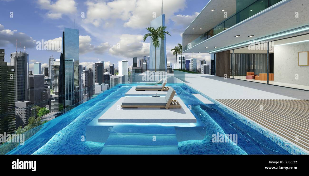 Luxury villa exterior design with modern cityscape at the infinity pool ...