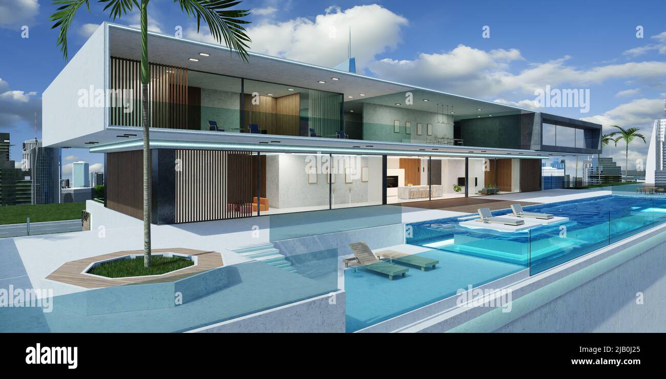 Luxury villa exterior design with modern cityscape at the infinity pool ...