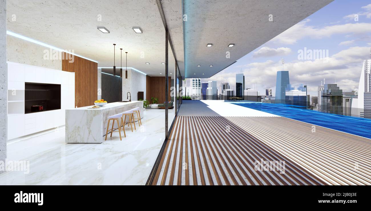 Modern house with beautiful landscape view and infinity pool. 3d ...