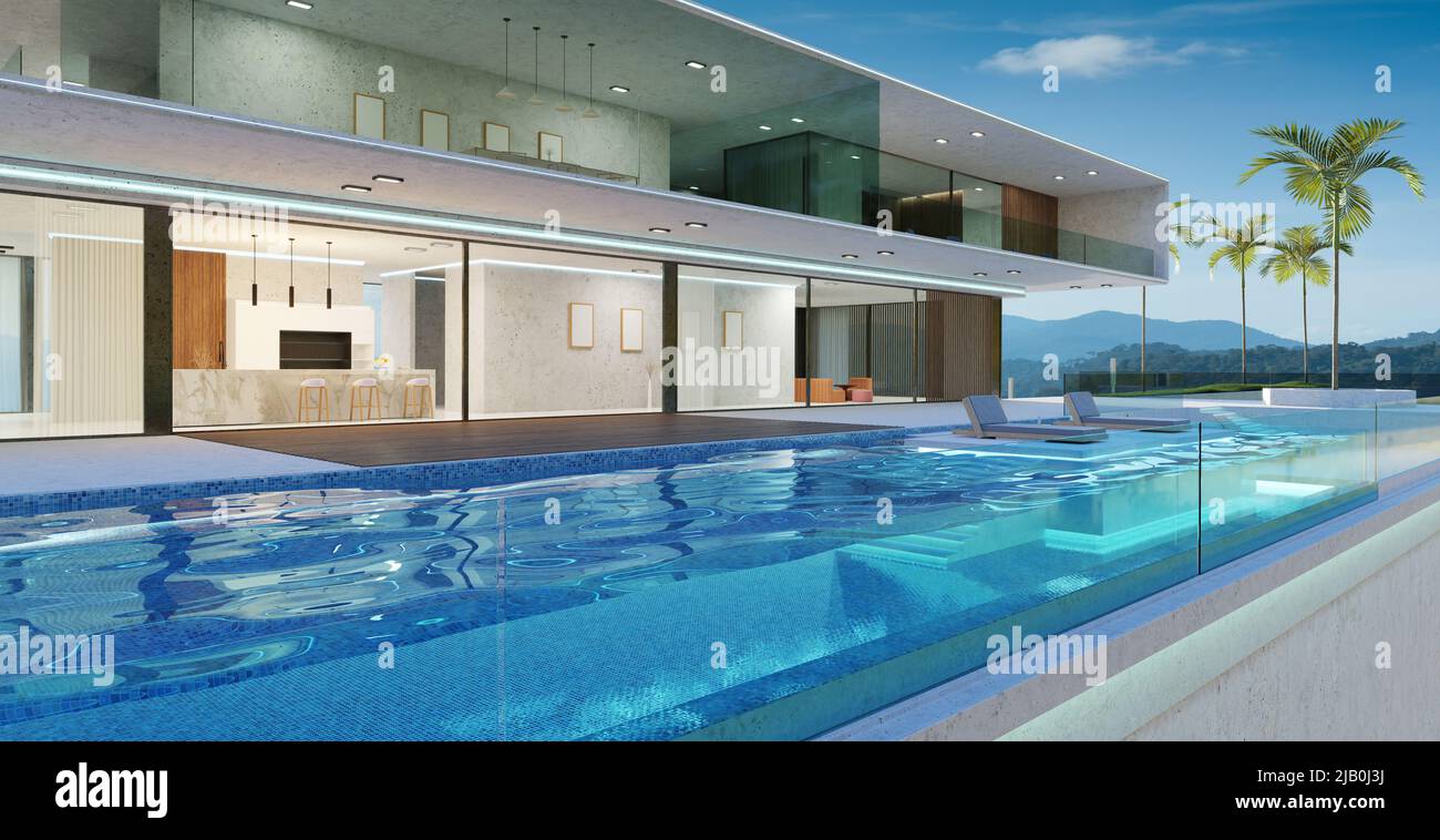 Luxury villa exterior design with beautiful infinity pool.3d rendering ...