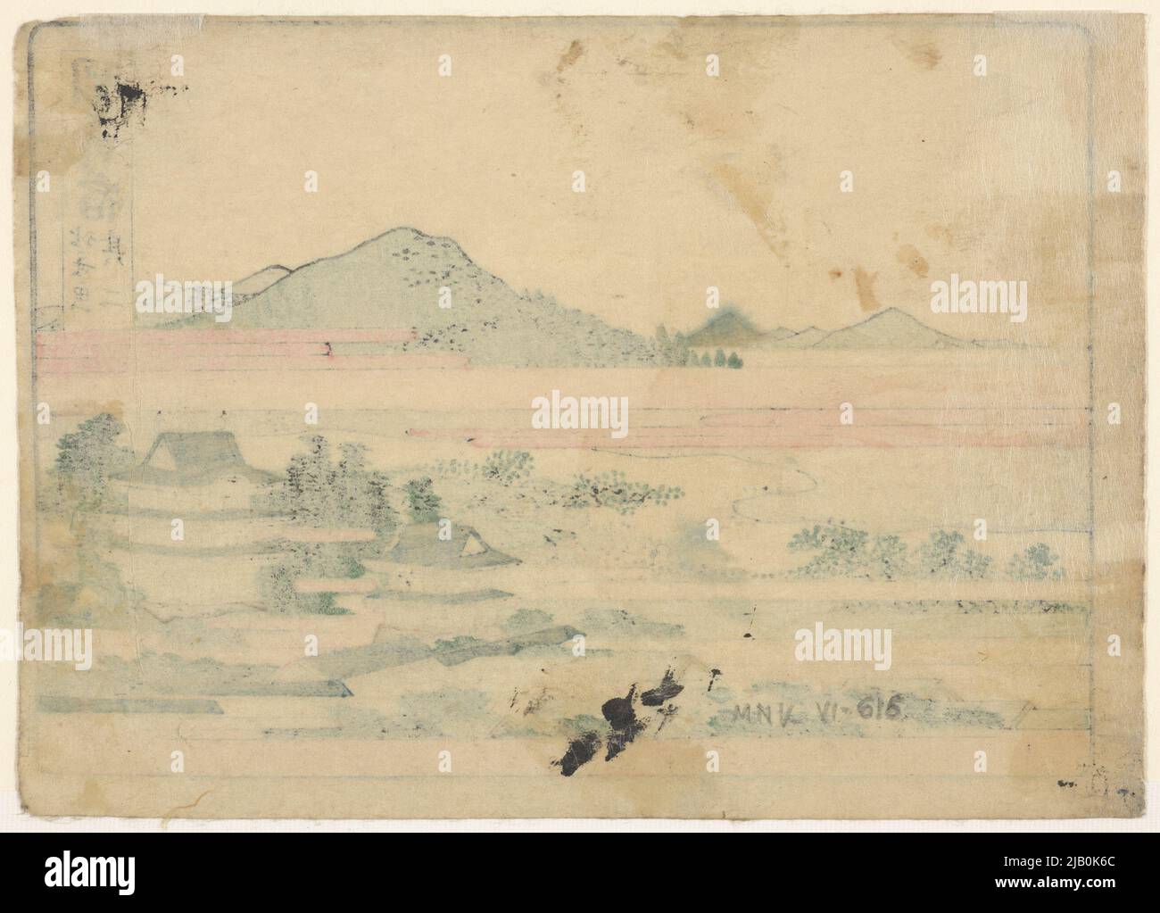 Mountain landscape with the buildings of a the temple. Okazaki, from ...