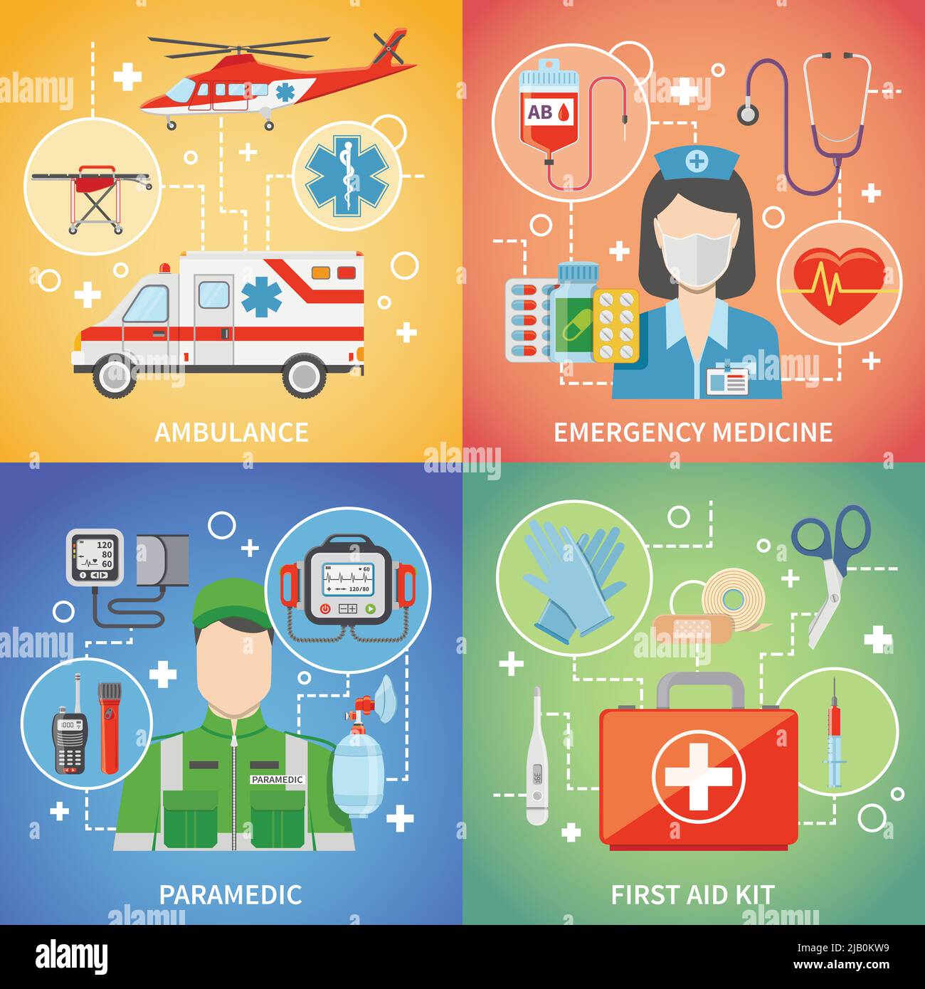 Paramedic 2x2 design concept set with medical equipment for first aid ...