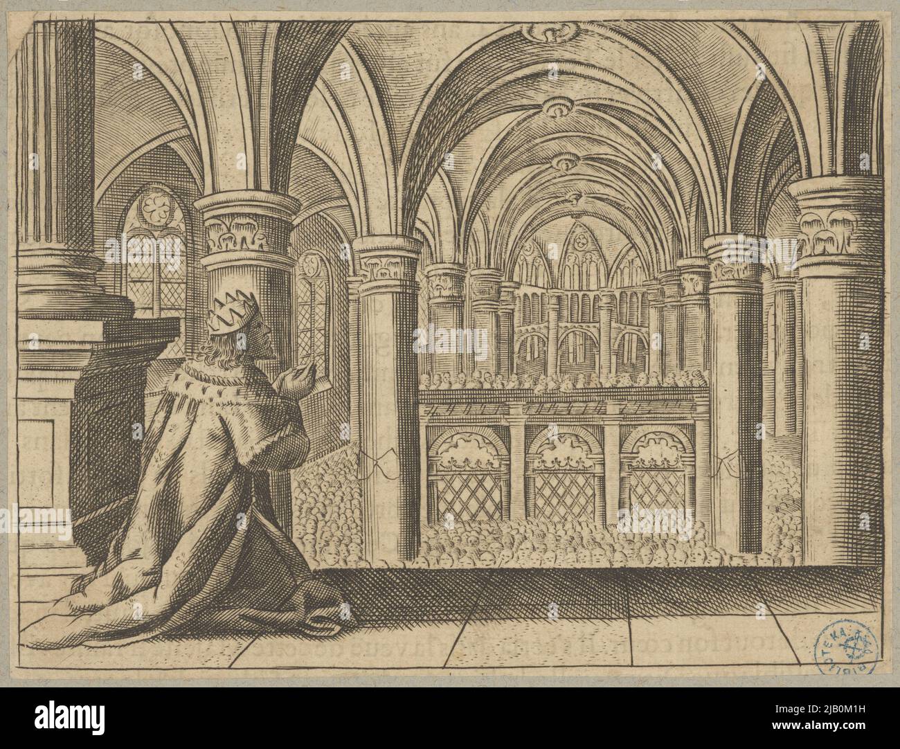 Biblical scene King praying in a temple filled with a crowd of ...