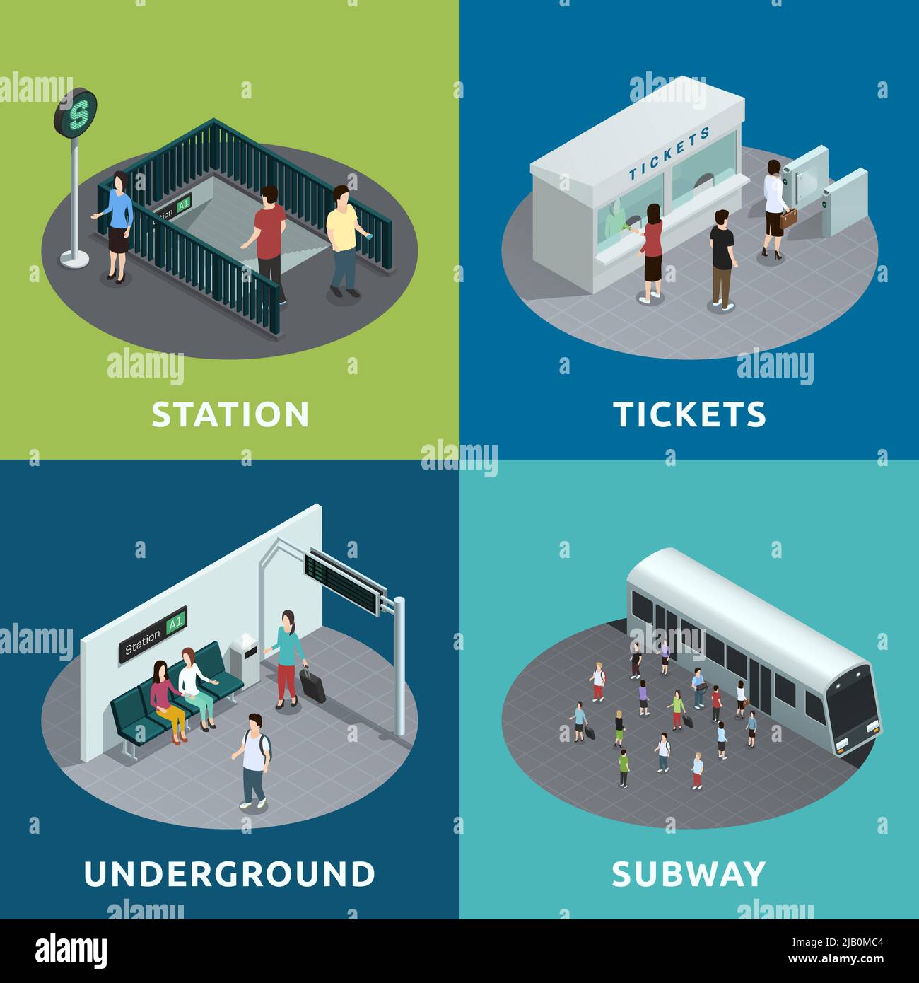 Color isometric design concept 2x2 depicting roon of metro atation ...