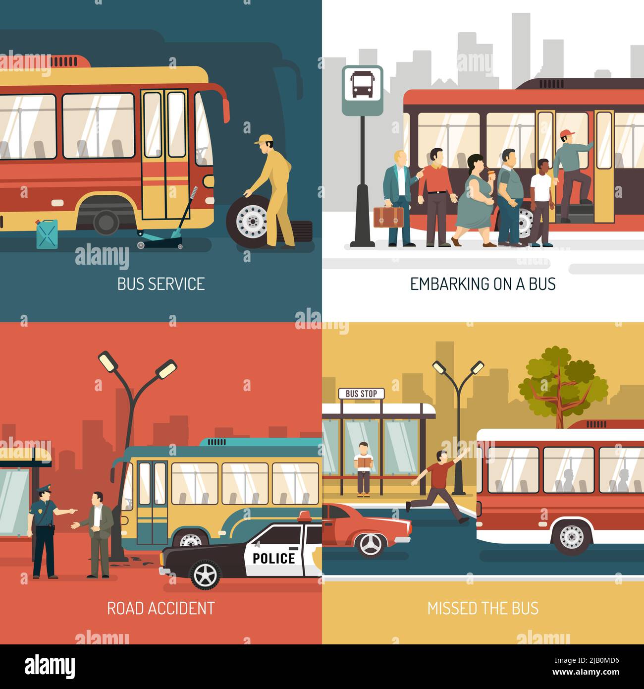 City transport service bus stop concept 4 flat icons square with ...
