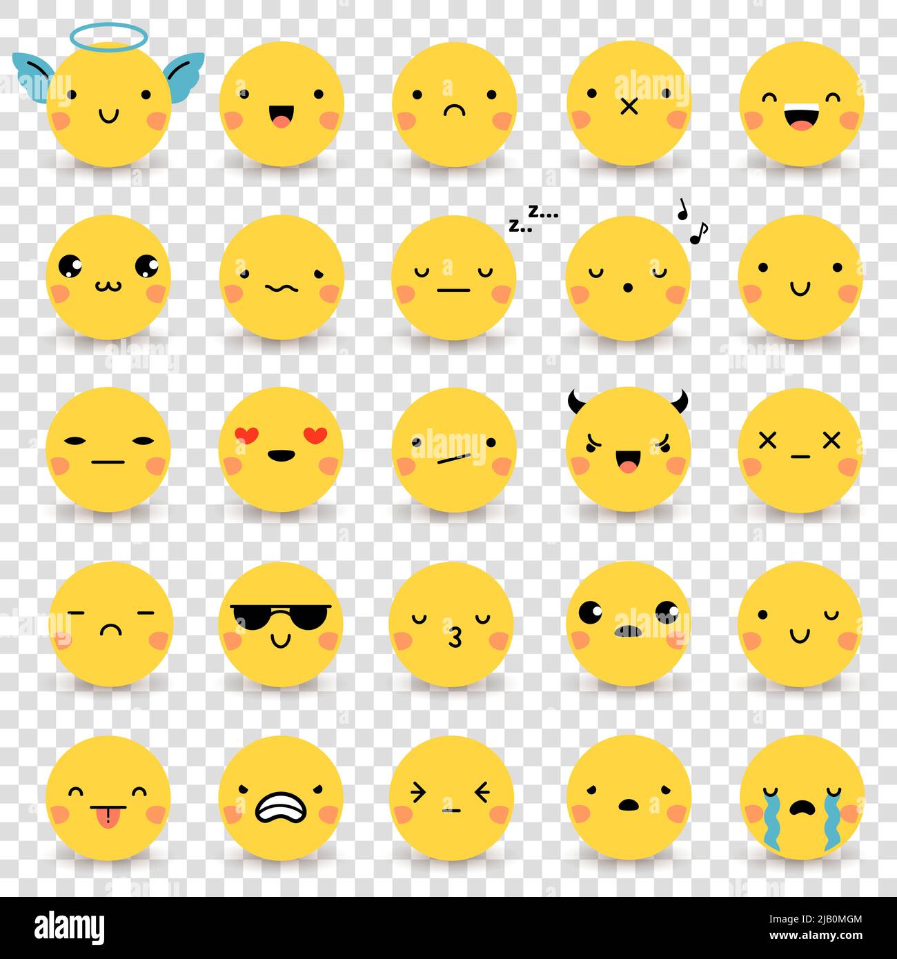 Twenty-five cute yellow flat emoticons set with various emotions ...