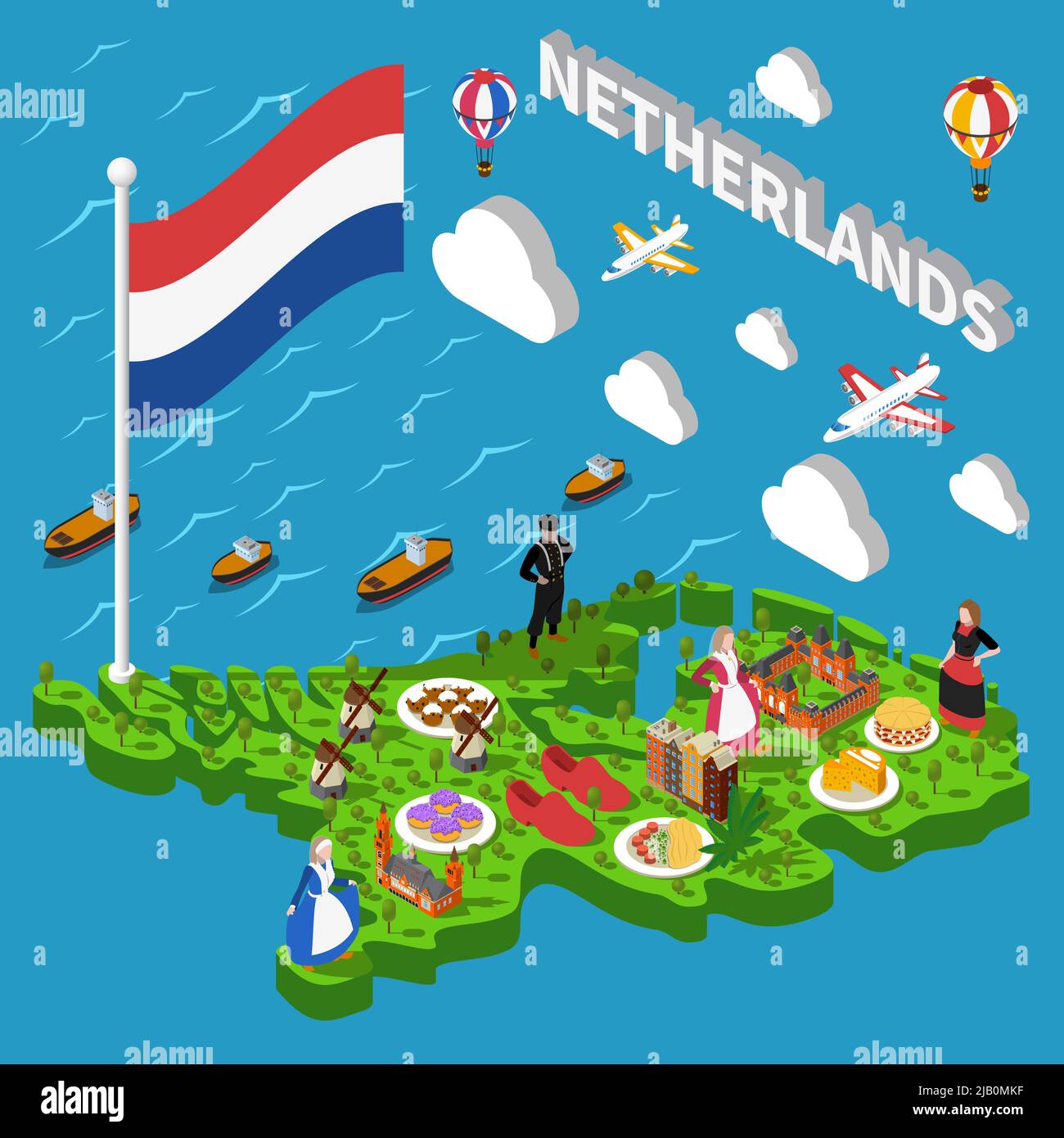 Color isometric map of holland depicting landmarks nethtrlands cheese ...