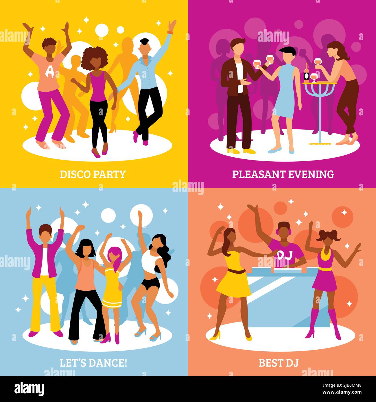 Disco party concept icons set with dancing and pleasant evening symbols ...