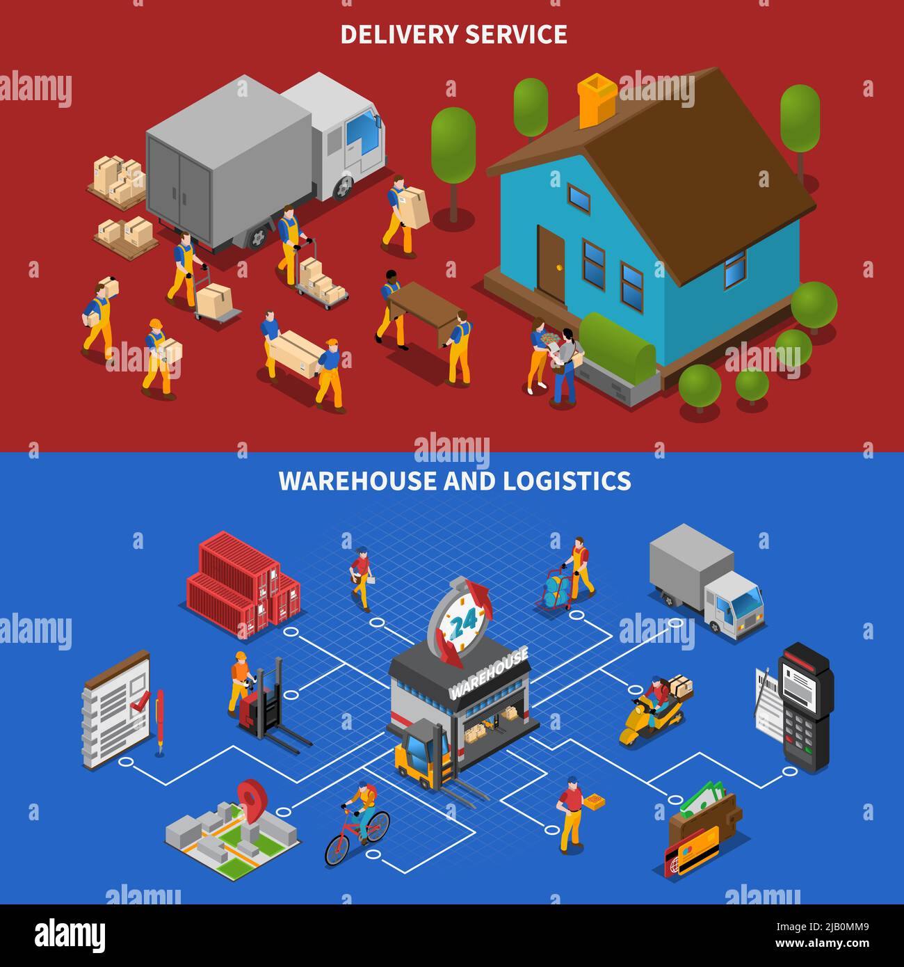Warehouse and logistics horizontal isometric banners set with delivery ...