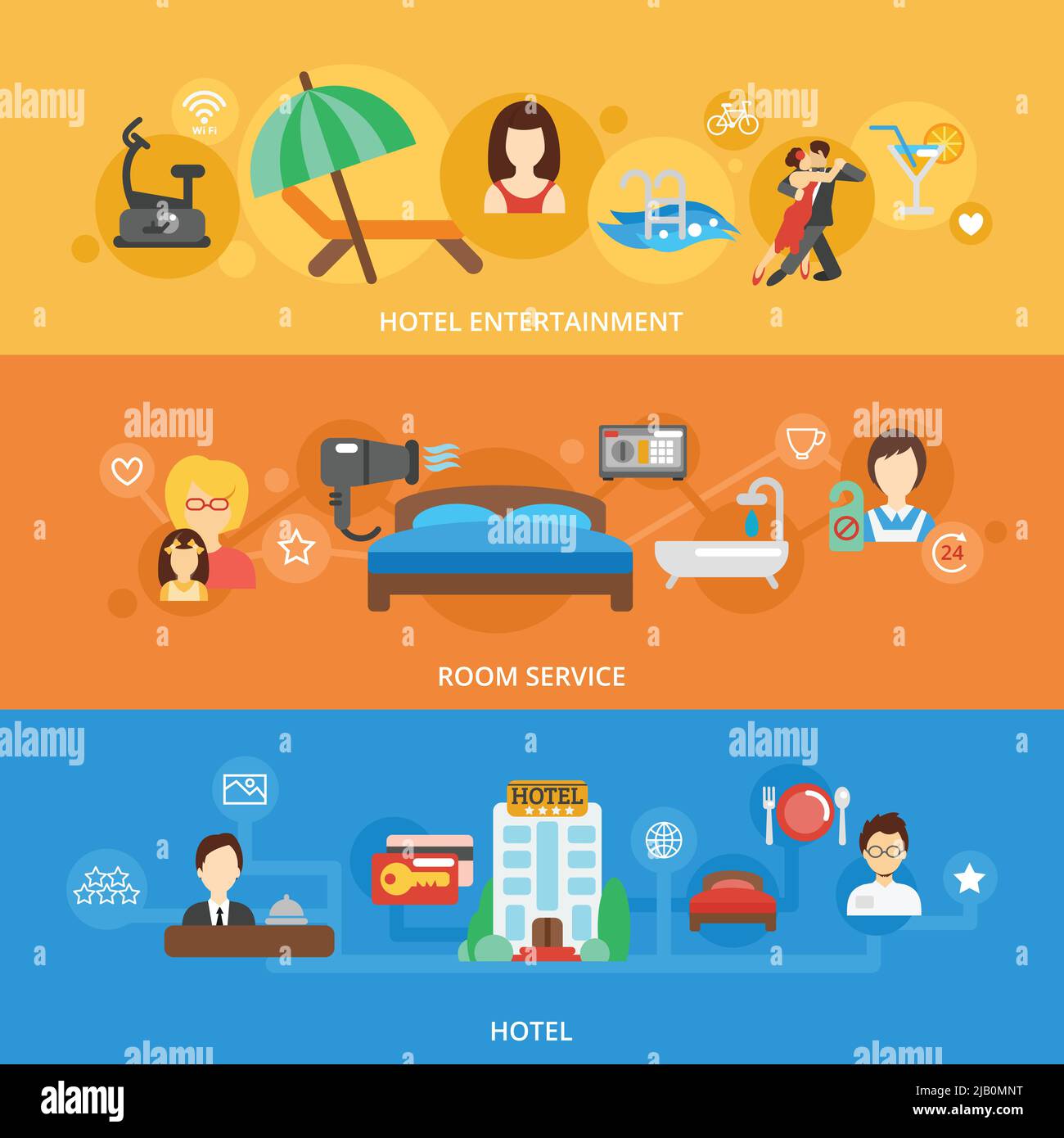 Hotel banner flat set with entertainment and room service elements ...