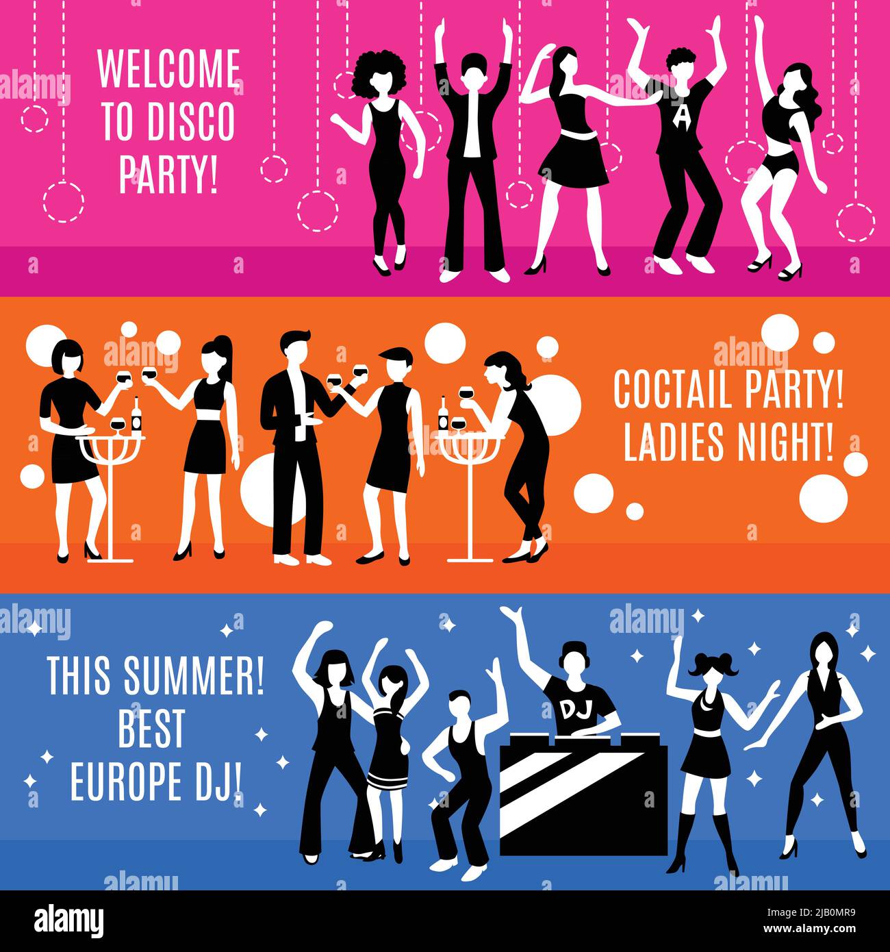 Disco party horizontal banners set with cocktail party and dj symbols ...