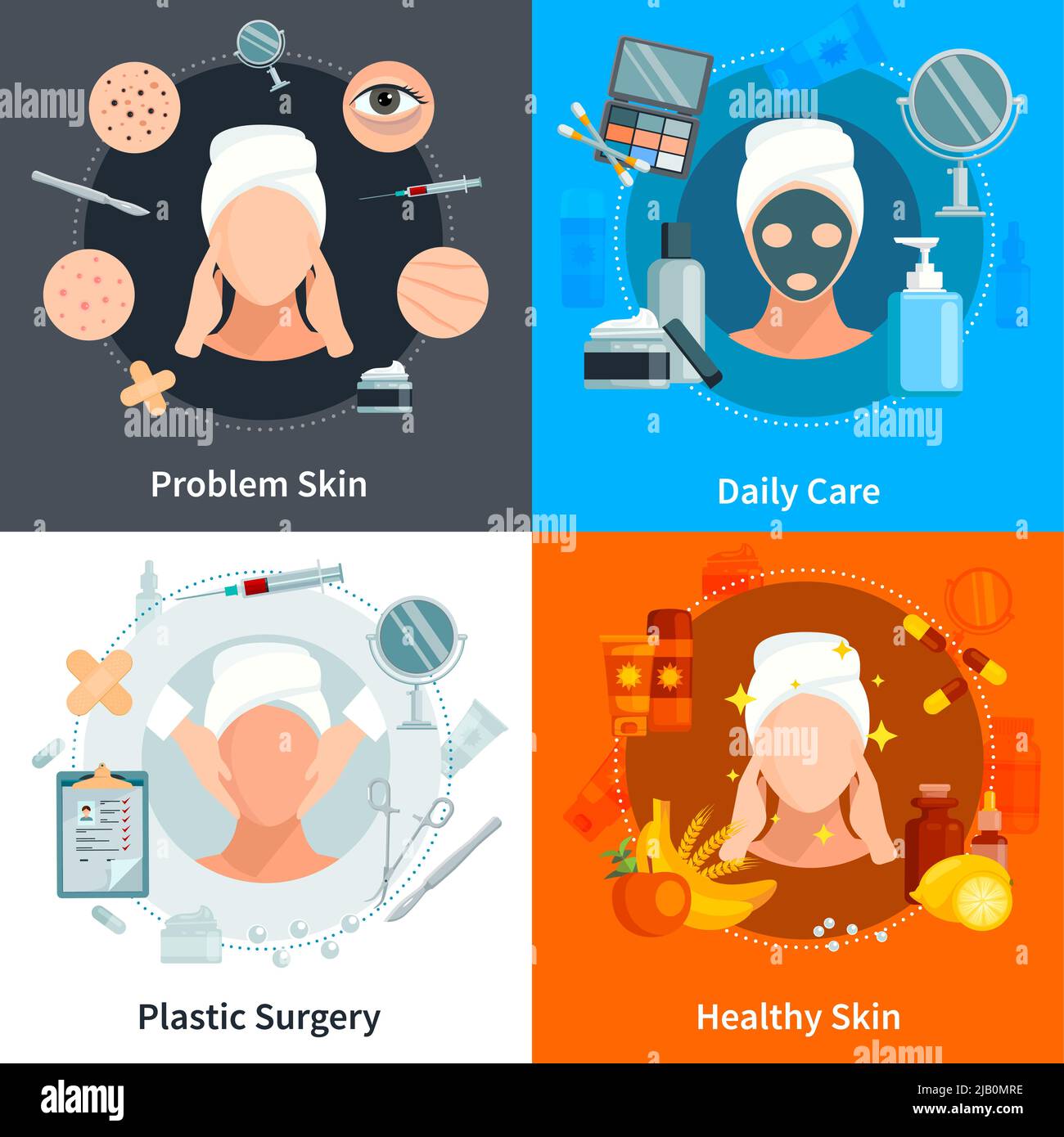 Skin care 2x2 flat concept set with problem skin daily care and plastic ...