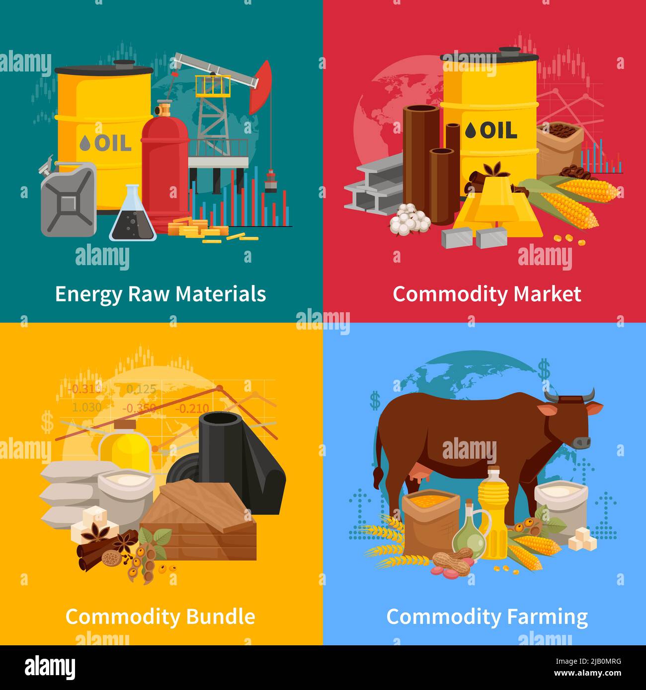 Various commodities flat 2x2 design concept with farming products and ... Various commodities flat 2x2 design concept with farming products and ...
